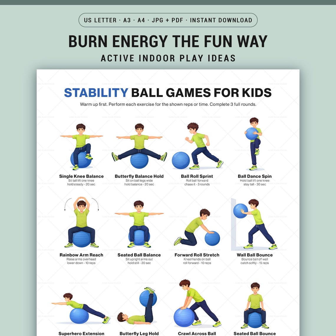 Stability Ball Games for Kids Printable Fun Exercise Chart Poster ...