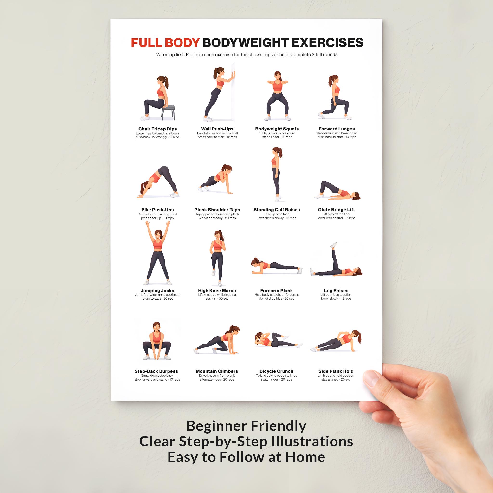 Full Body Bodyweight Exercises Chart Printable for Home Workouts, No ...