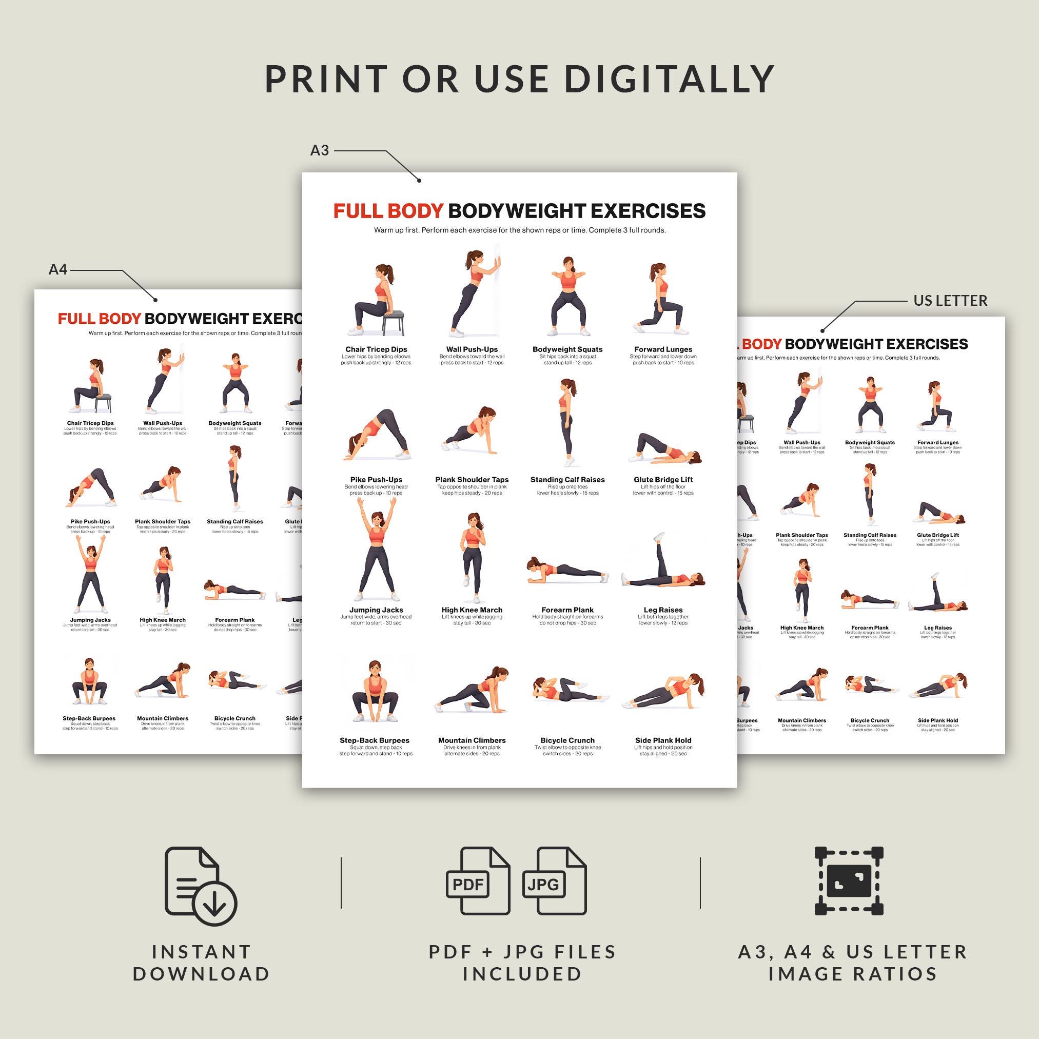 Full Body Bodyweight Exercises Chart Printable for Home Workouts, No ...