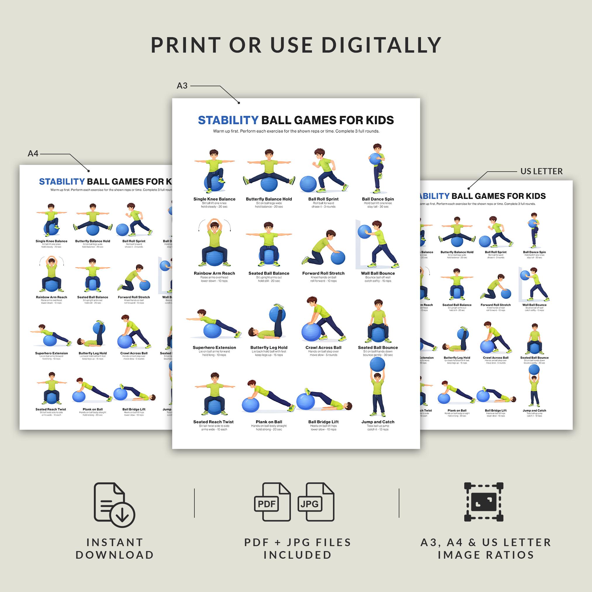 Stability Ball Games for Kids Printable Fun Exercise Chart Poster ...