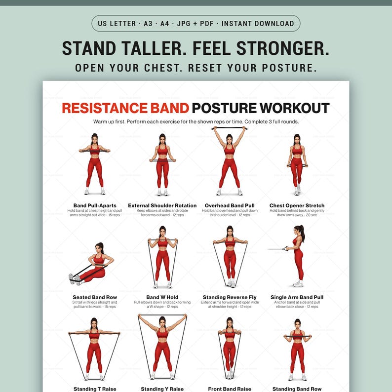 Resistance Band Posture Exercises Printable Poster, Back Shoulder ...