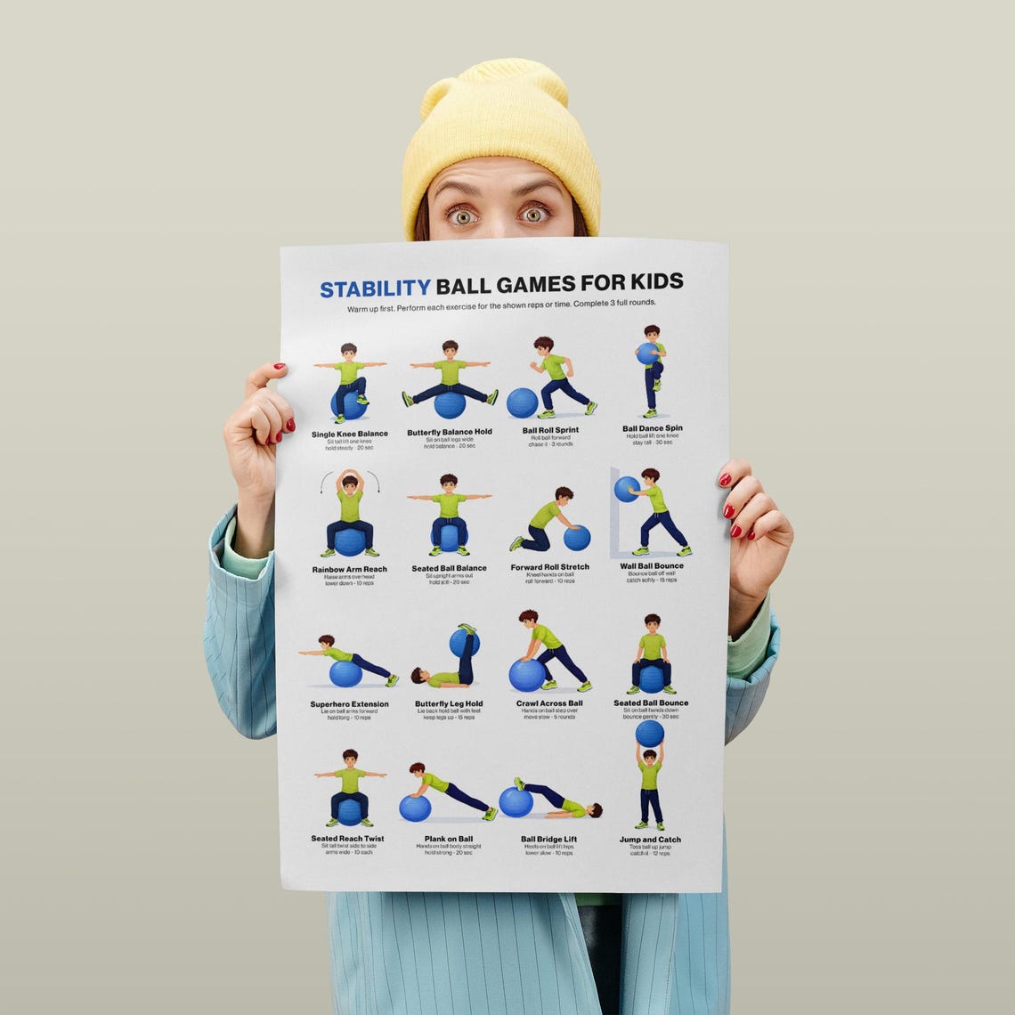 Stability Ball Games for Kids Printable Fun Exercise Chart Poster ...
