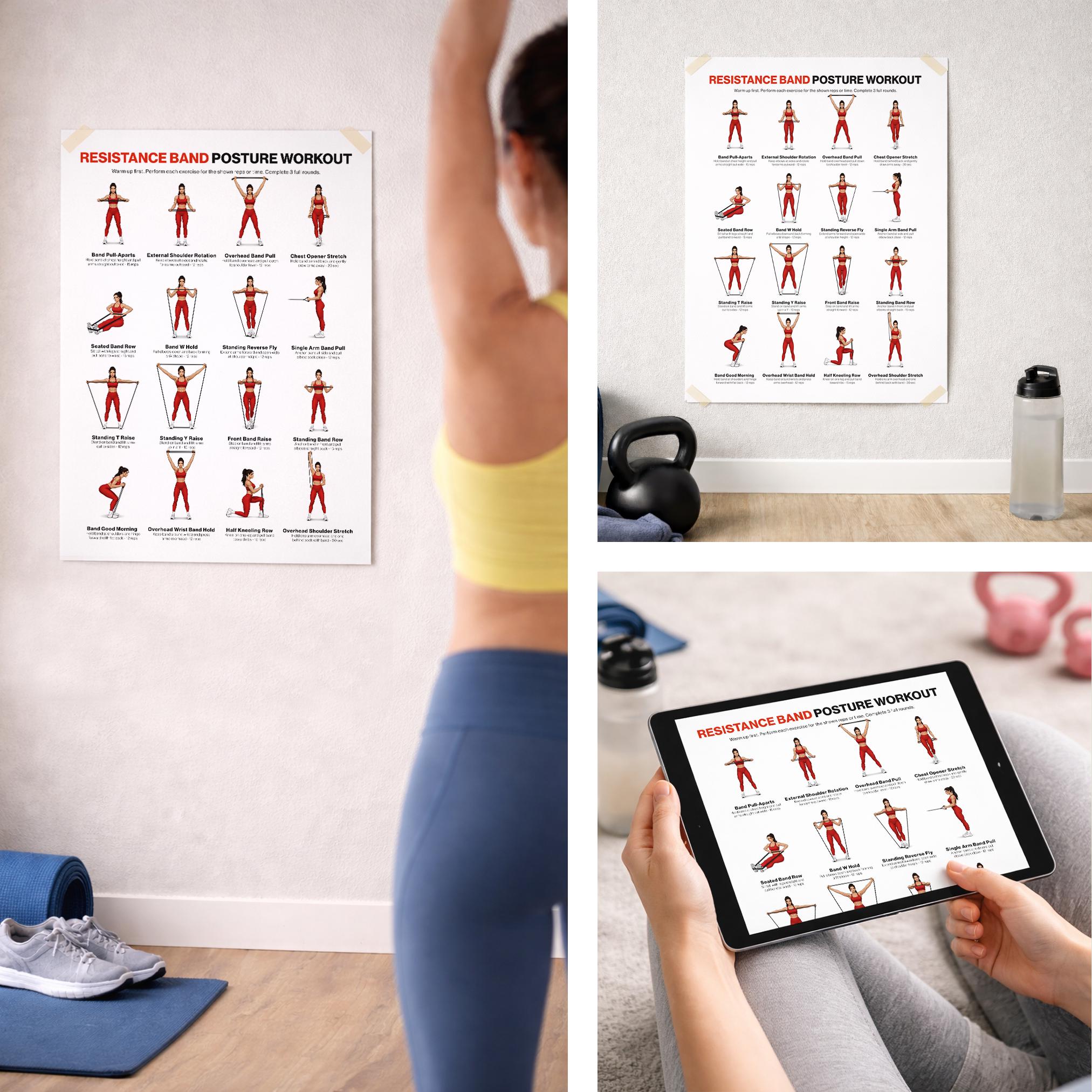 Resistance Band Posture Exercises Printable Poster, Back Shoulder ...