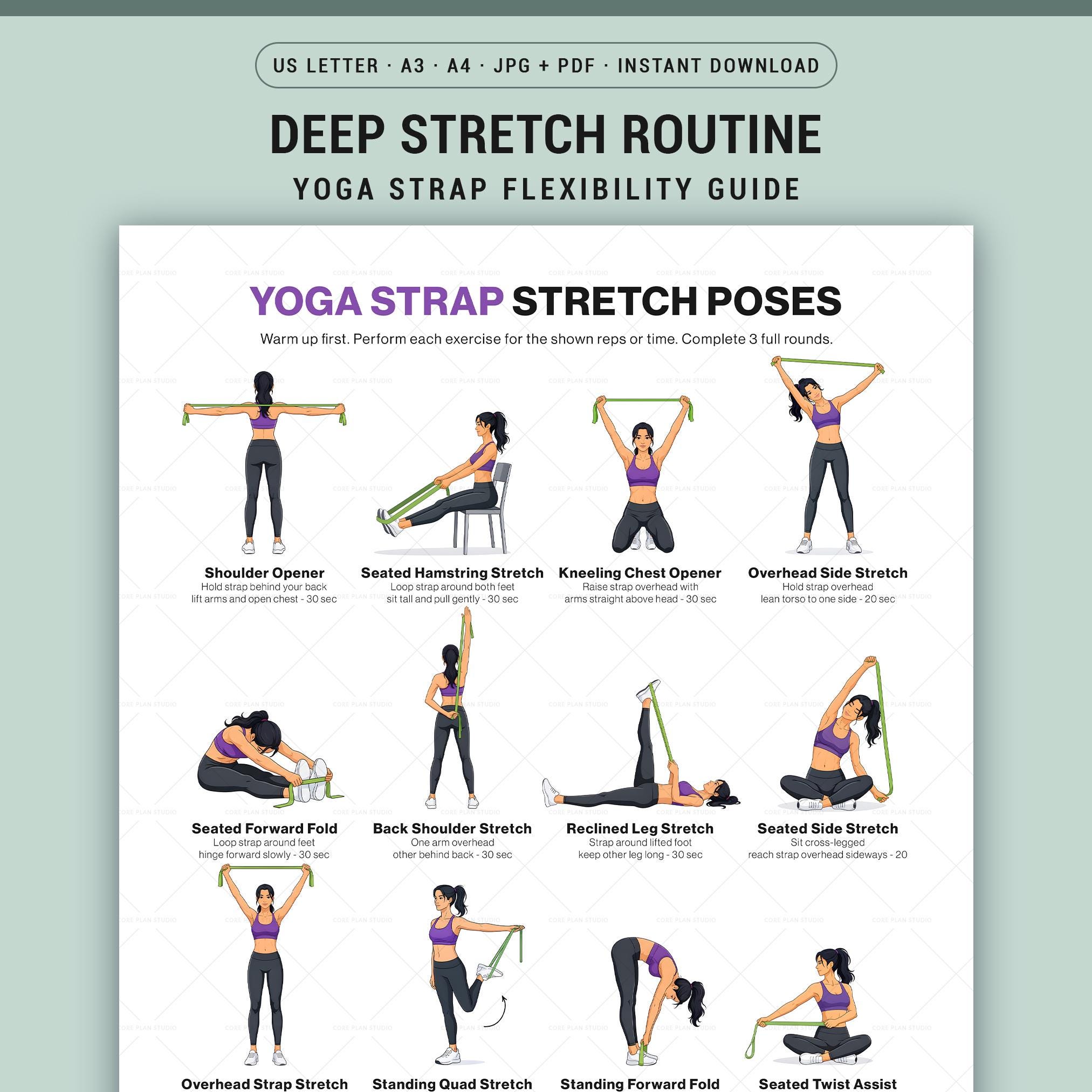 Yoga Strap Stretch Chart Printable Poster Beginner Flexibility Routine ...