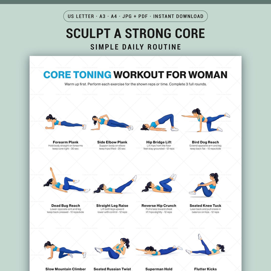 Core Tuning Workout Printable Poster No Equipment Abs Stability Routine ...