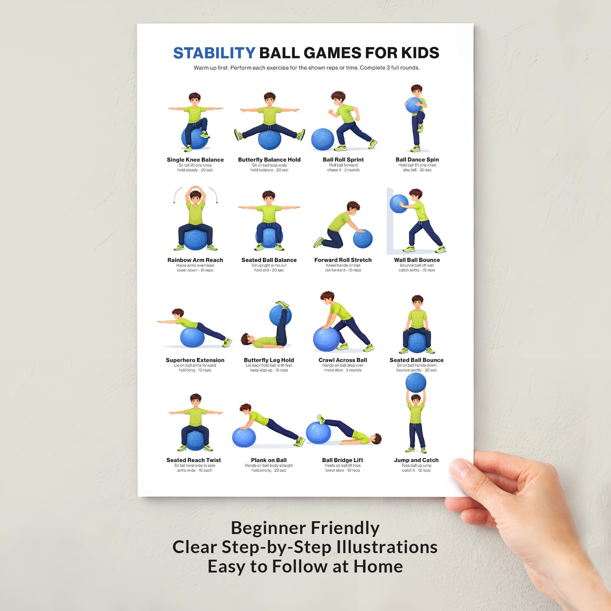 Stability Ball Games for Kids Printable Fun Exercise Chart Poster ...