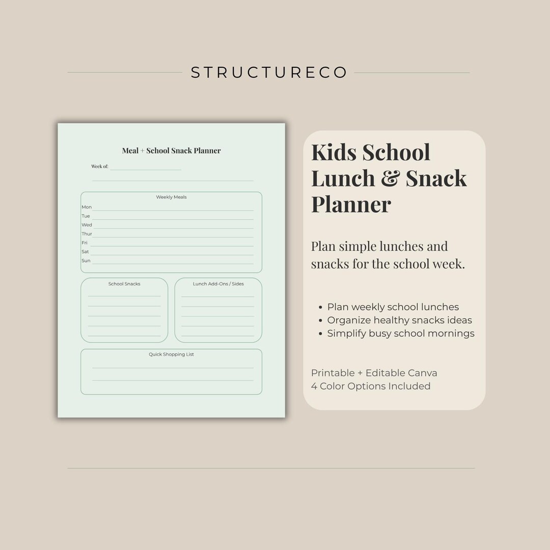 Kids School Lunch Planner Printable | Weekly Lunch & Snack Planner for ...