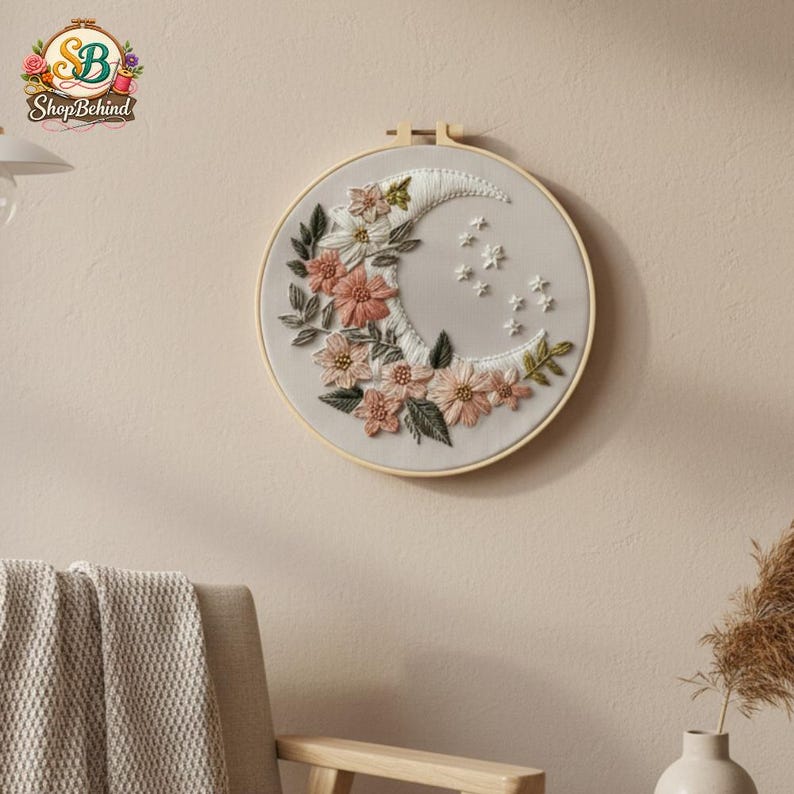 Floral Crescent Moon Embroidery Kit – Beginner Celestial Hoop Art DIY ...