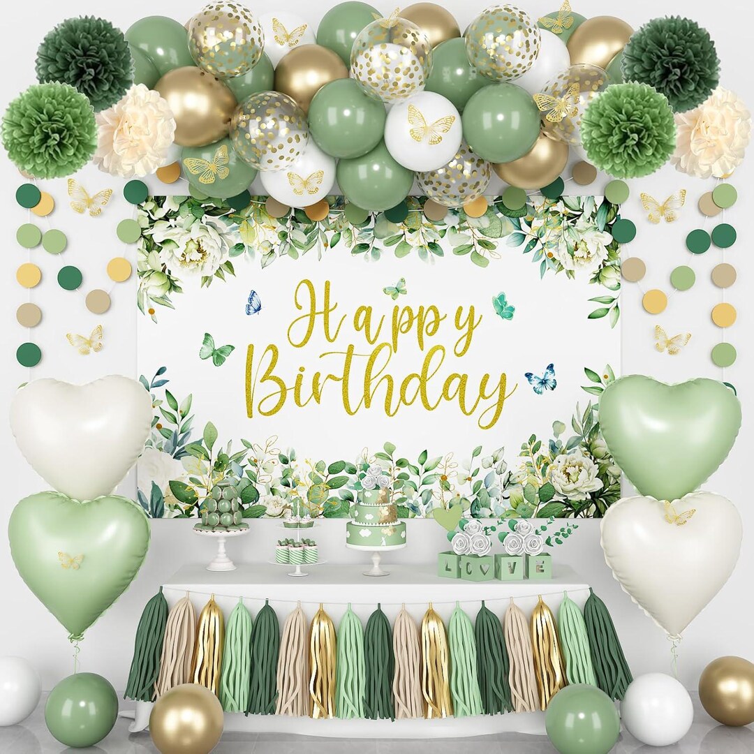 Sage Green Birthday Decorations Kit | Boho Gold Party Supplies Balloon ...