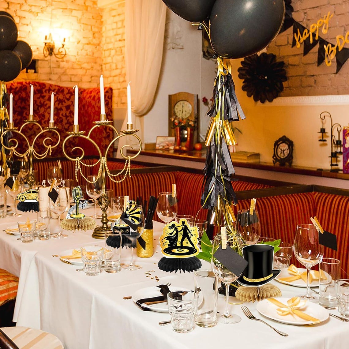 Roaring 20s Party Decorations 8 Pcs Black Gold Honeycomb Centerpieces ...