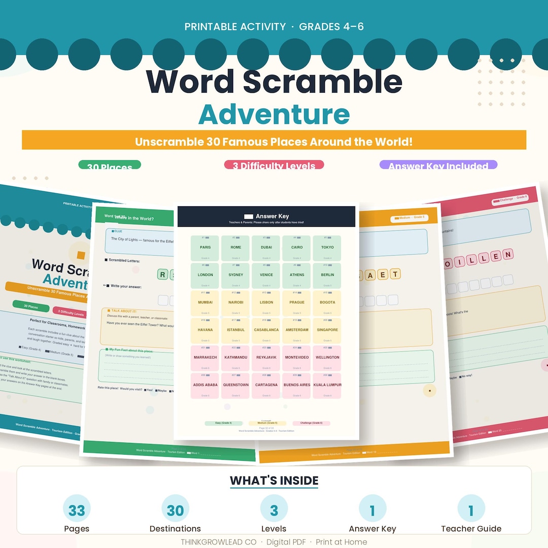 Word Scramble Printable for Kids Grades 4–6 | World Travel Worksheet ...