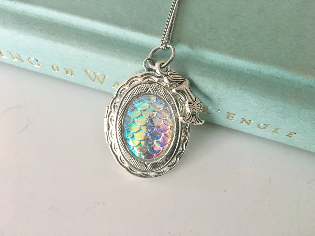 Silver Mermaid Locket, Mermaid Necklace, Rainbow AB Locket, Mermaid ...