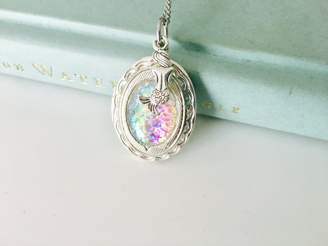 Silver Mermaid Locket Mermaid Necklace Rainbow AB Locket - Etsy