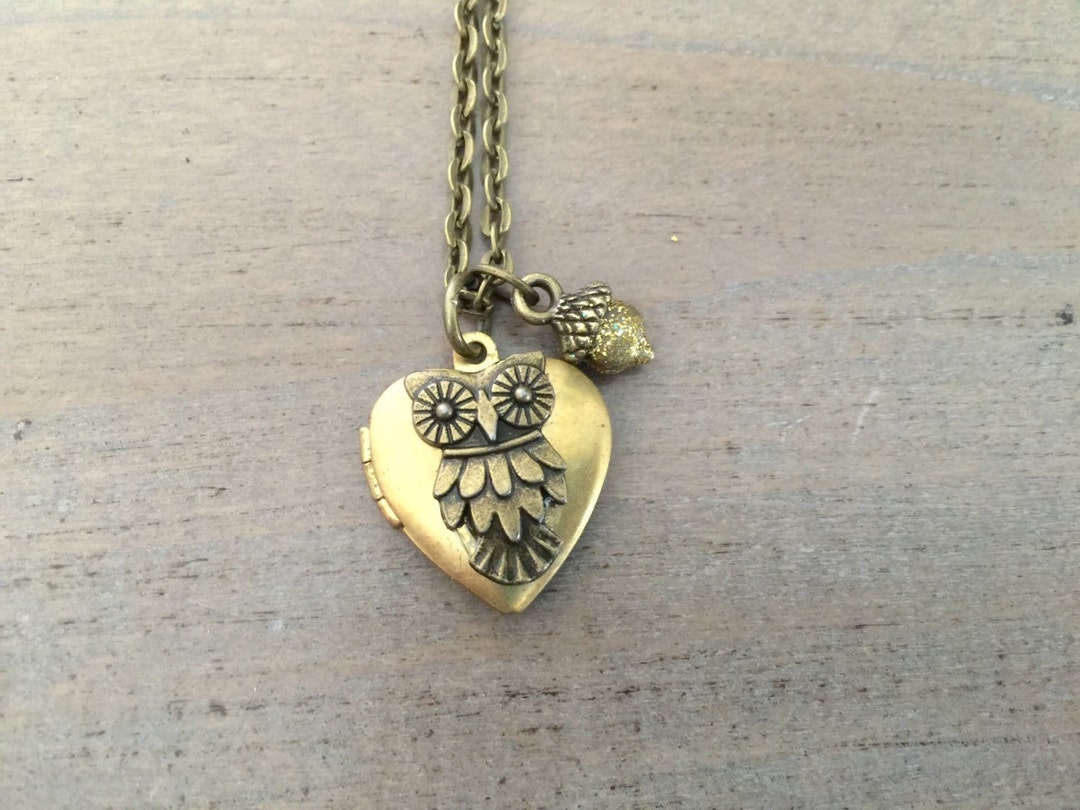 Little Owl Locket Necklace, Vintage Heart Locket, Woodland Owl Acorn ...