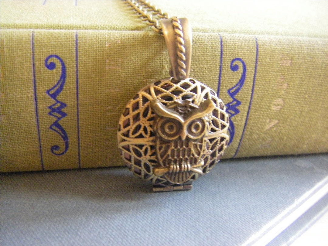 Owl Locket Necklace Filigree Scent Locket Antique Brass Gift for Her ...