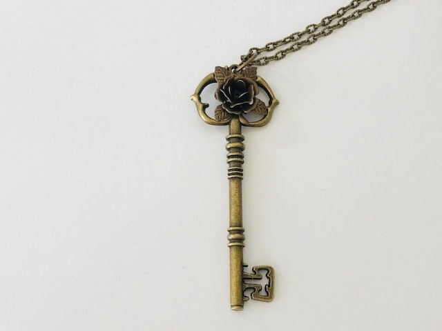 Large Skeleton Key Charm Necklace Bronze Rose Victorian - Etsy