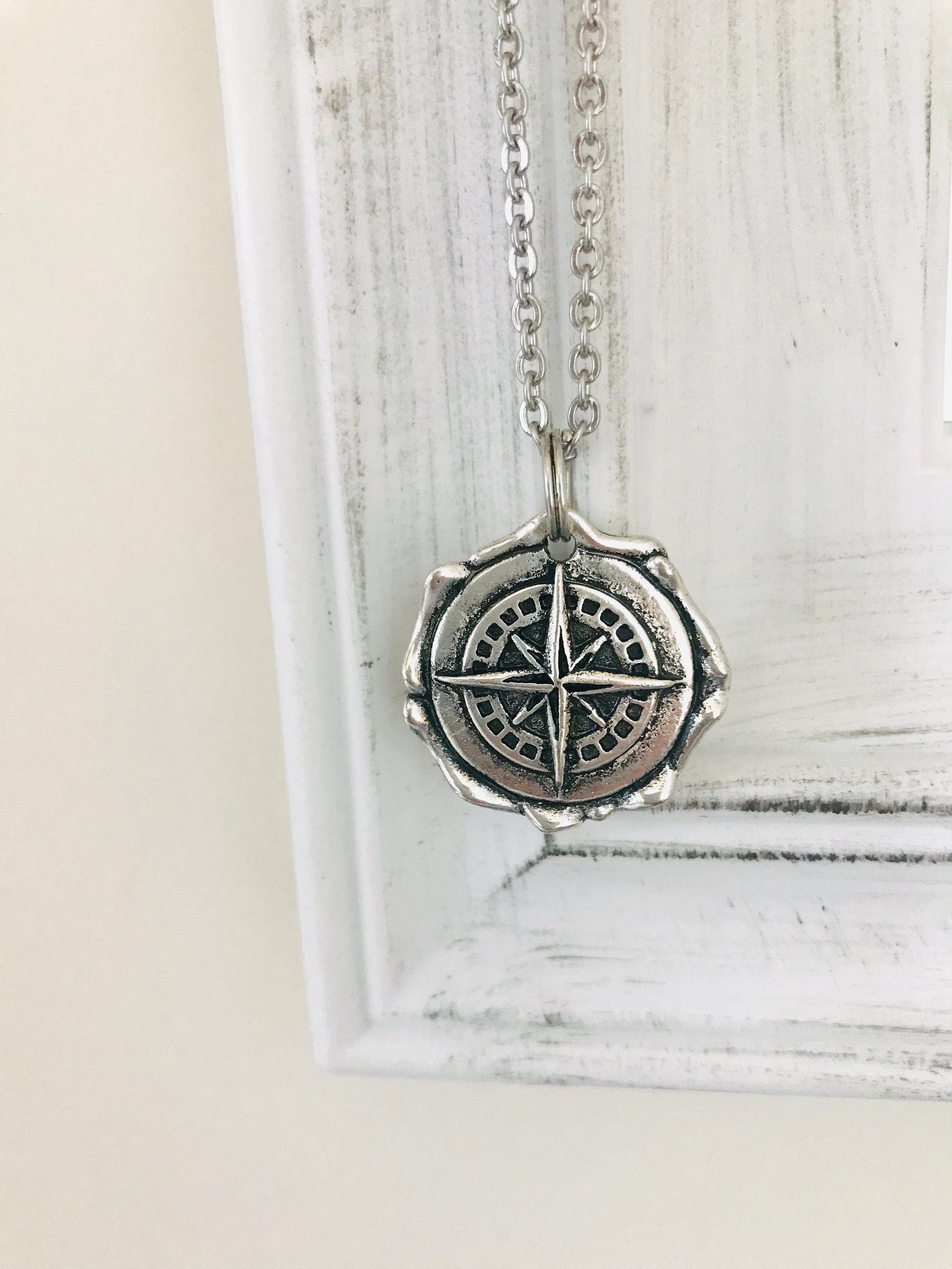 Silver Compass necklace wax seal compass direction | Etsy