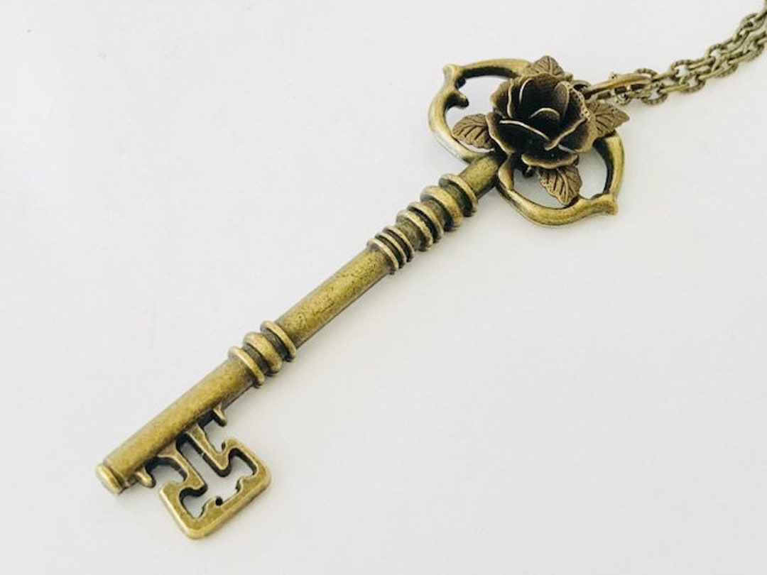 Large Skeleton Key Charm Necklace Bronze Rose Victorian Antique Key ...