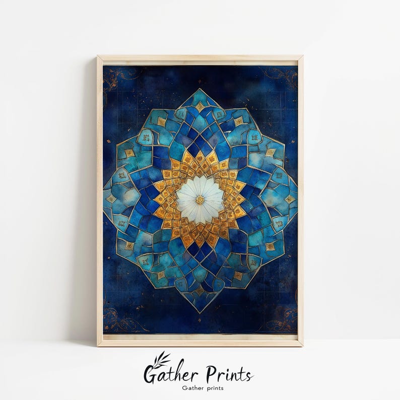 Moorish Geometric Mandala Tile Art, Elegant Watercolor Mosaic Painting ...
