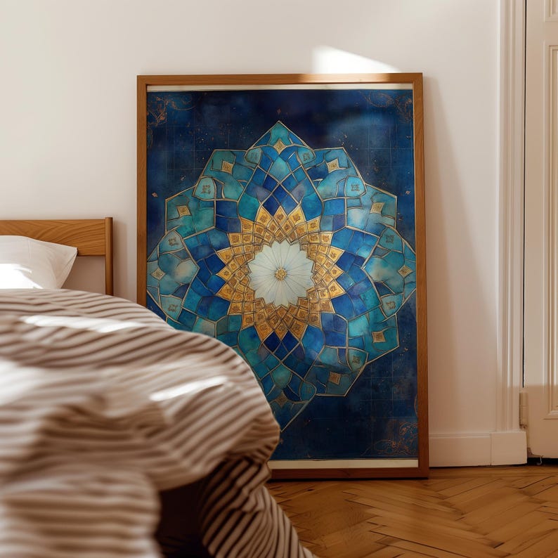 Moorish Geometric Mandala Tile Art, Elegant Watercolor Mosaic Painting ...