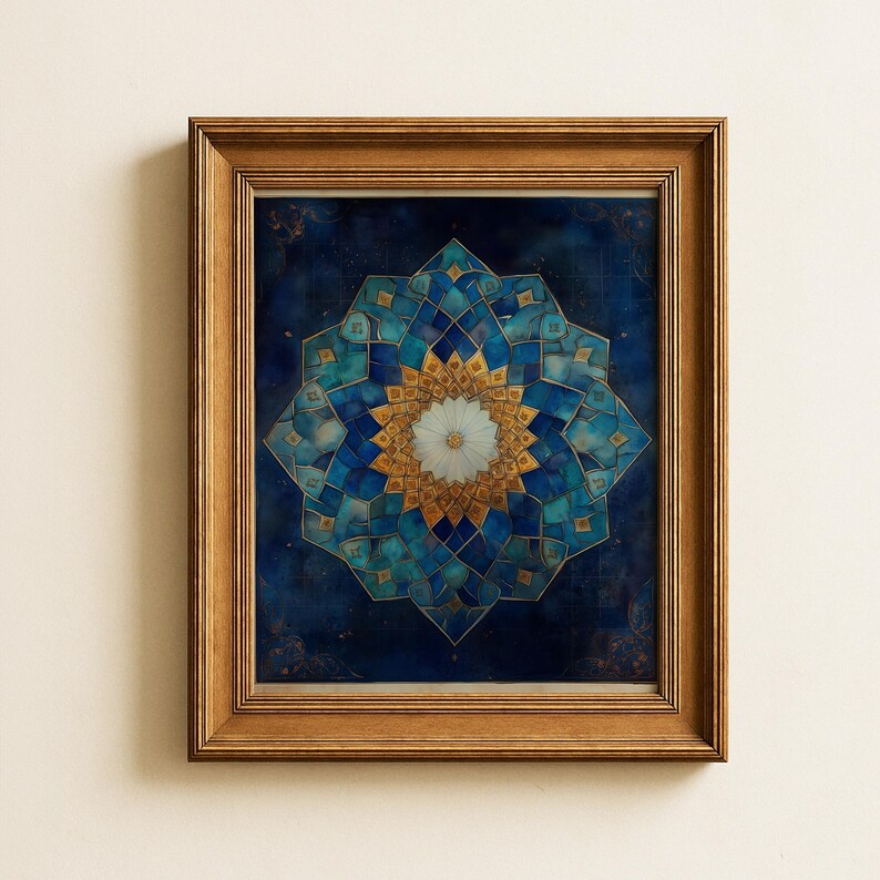 Moorish Geometric Mandala Tile Art, Elegant Watercolor Mosaic Painting ...