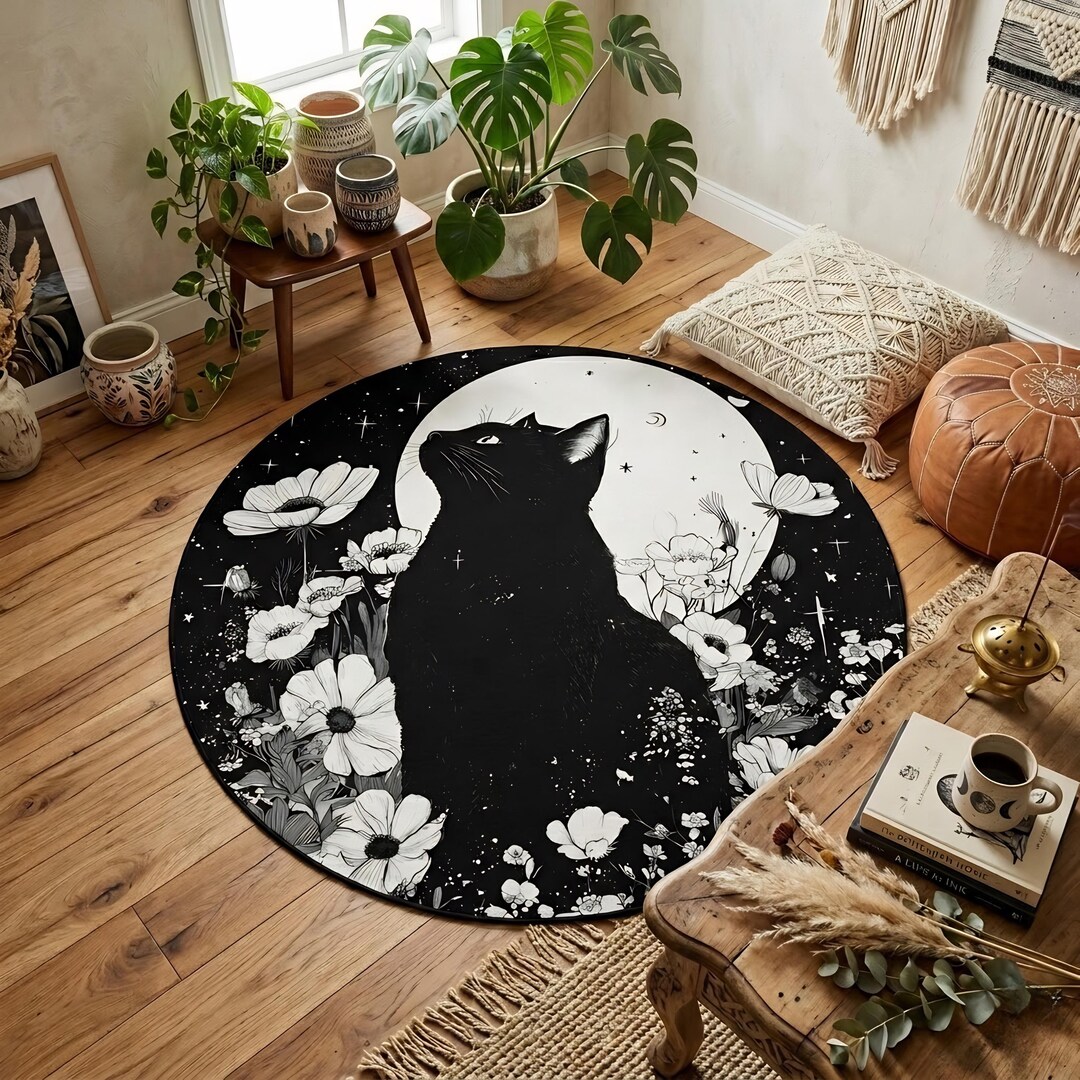 Celestial Black Cat Round Rug, Moon Floral Whimsical Goth Decor - Etsy