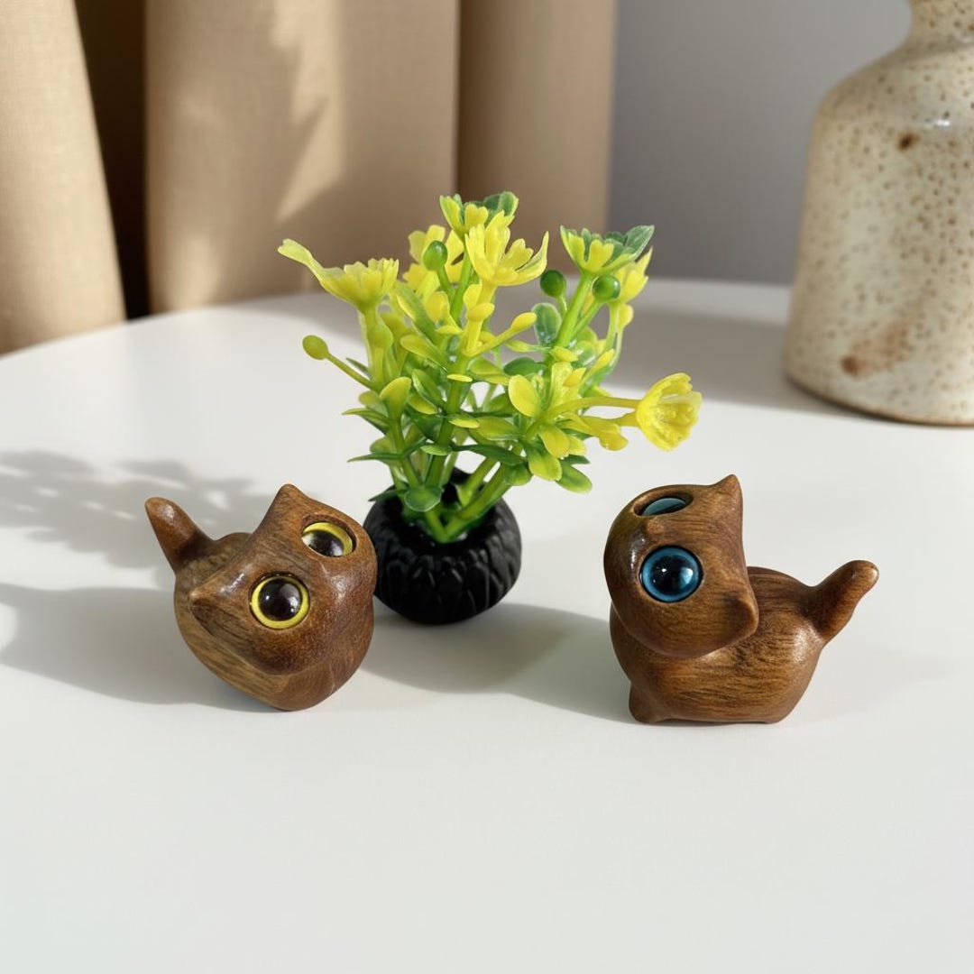 Hand Carved Wooden Cat, Miniature Curious Kitten Figurine, Sandalwood ...