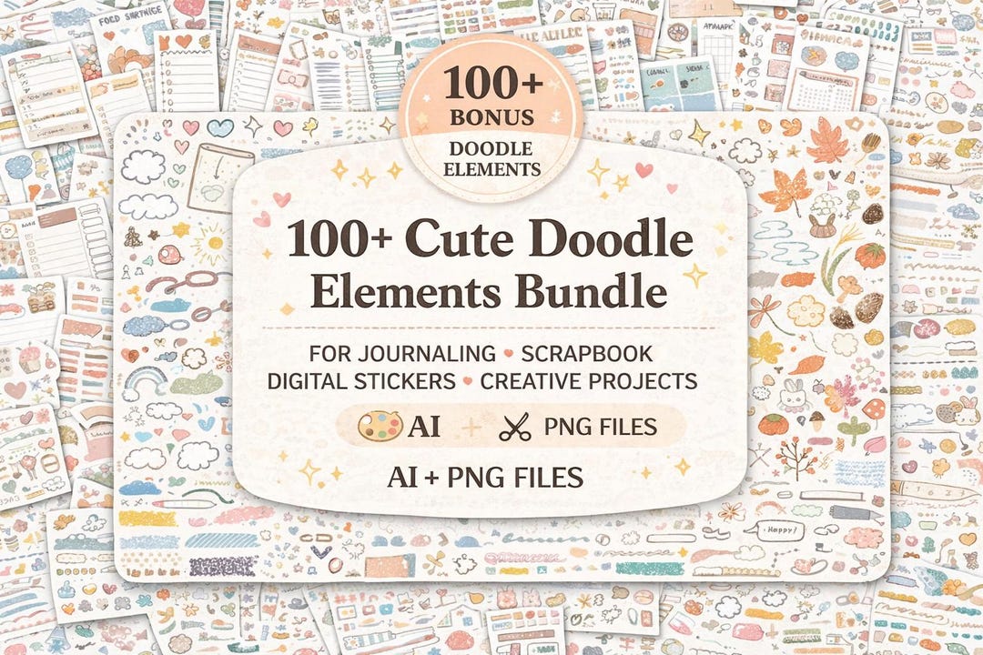 100+ Cute Doodle Elements Bundle | Hand Drawn Clipart PNG AI | Bullet ...