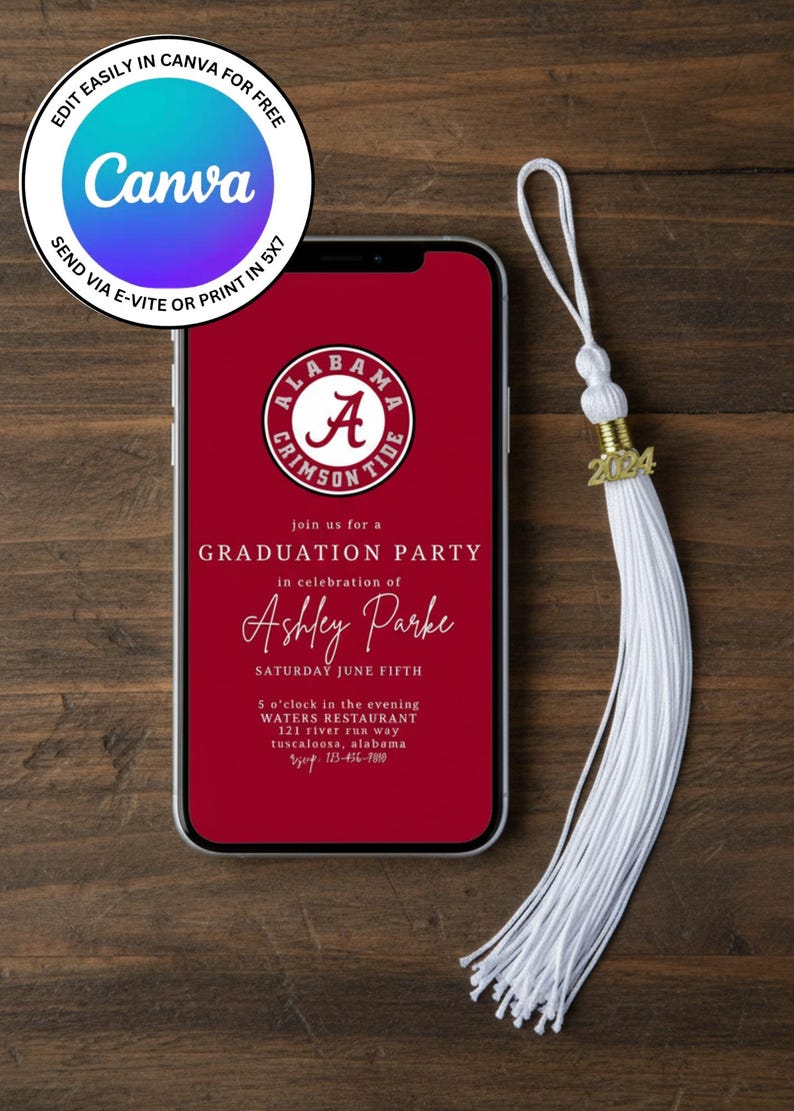 University of Alabama Graduation Party Invitation Template. Instant ...