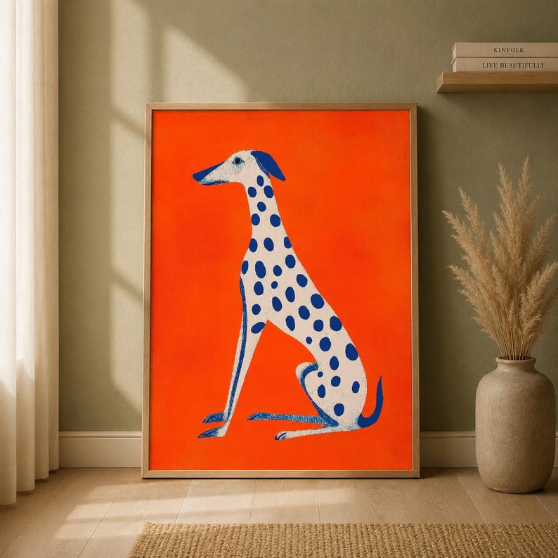 Spotted Dog Poster, Orange Background, Whimsical Pet Illustration ...