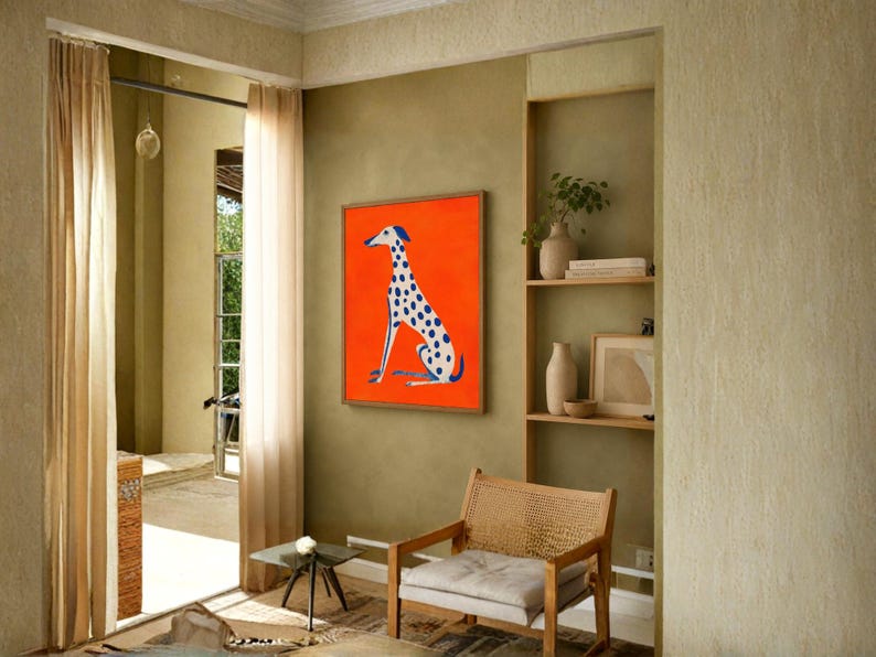 Spotted Dog Poster, Orange Background, Whimsical Pet Illustration ...