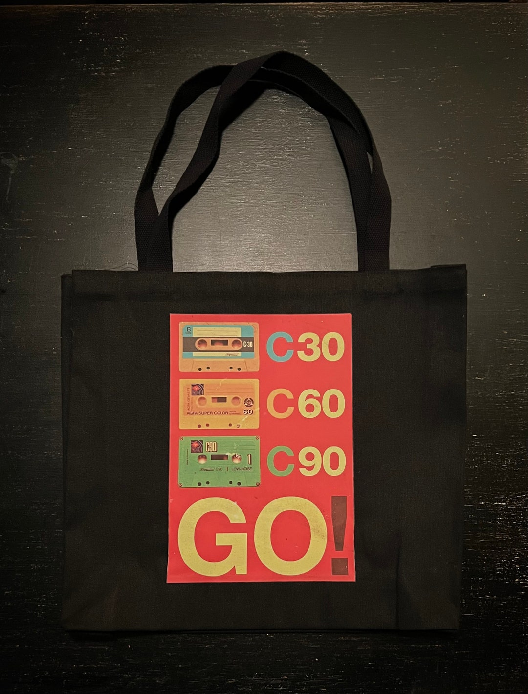 C30 C60 C90 GO! Retro Cassette Tape Design Tote Bag - New Wave - Bow ...
