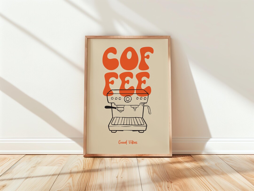 Retro Espresso Machine Digital Poster | Groovy Orange Coffee Bar Art ...