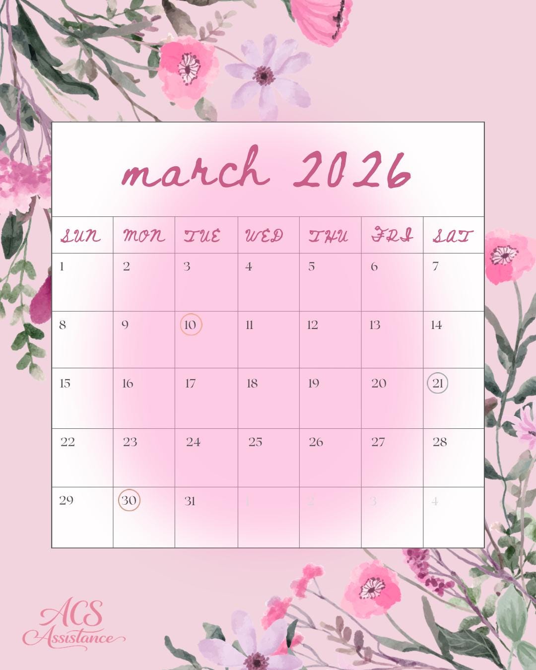 Calendrier floral de mars 2026 | Agenda mensuel rose (téléchargement ...