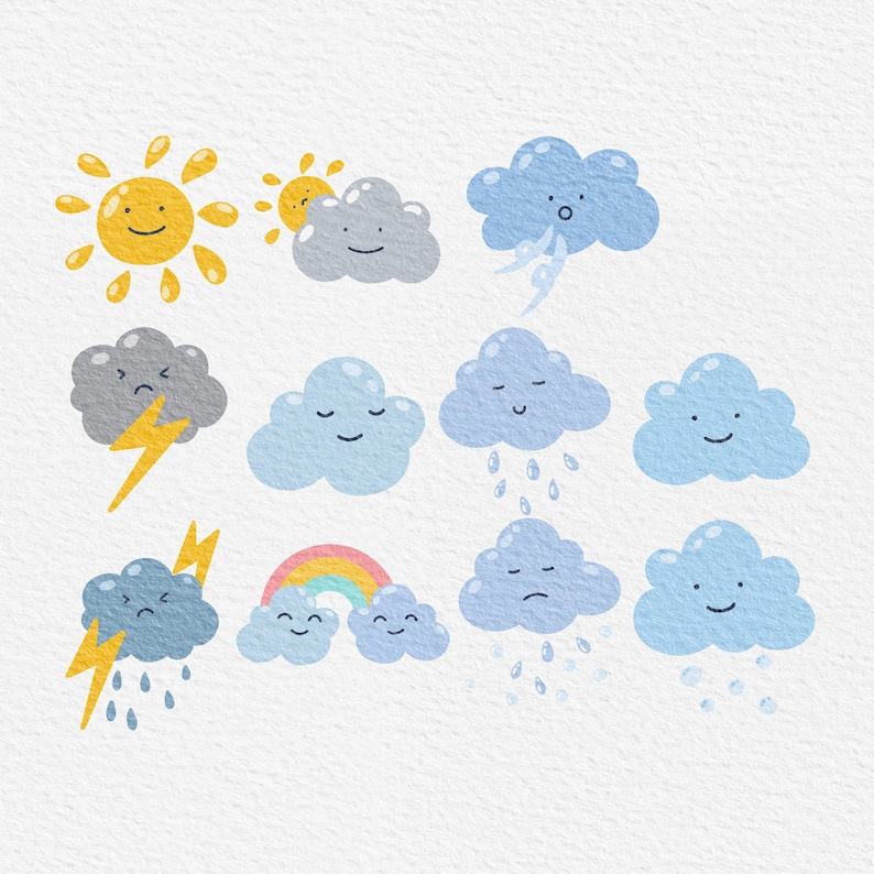 Weather Clipart Set, Sun Cloud Rain Snow Illustration PNG, Weather ...