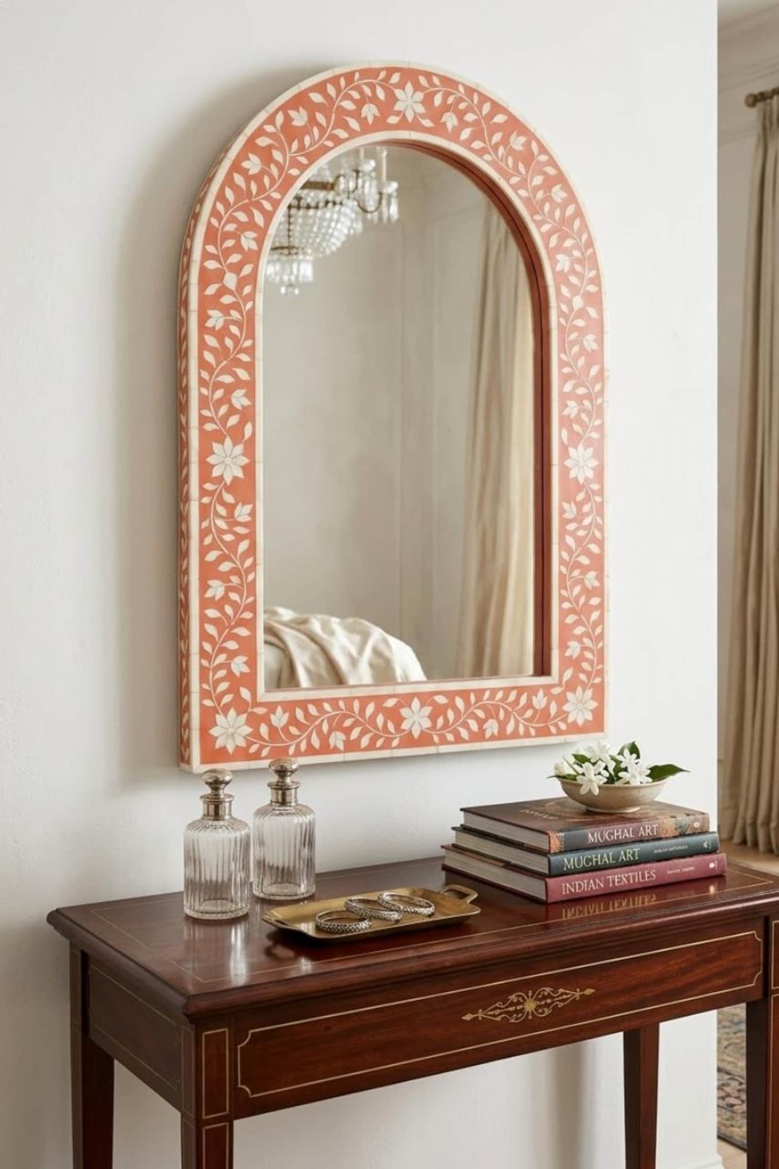Handmade Bone Inlay Arched Mirror, Floral Inlay Wall Decor, Luxury ...