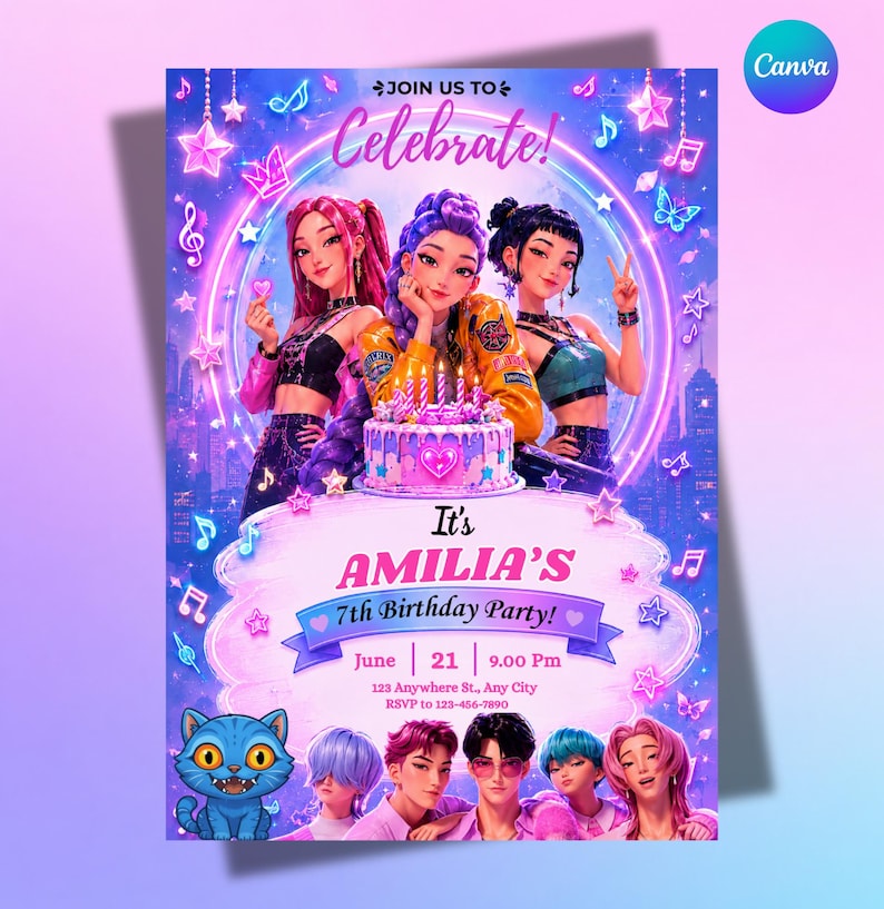 Kpop Demon Hunters Birthday Invitation Template | Editable Canva Invite ...