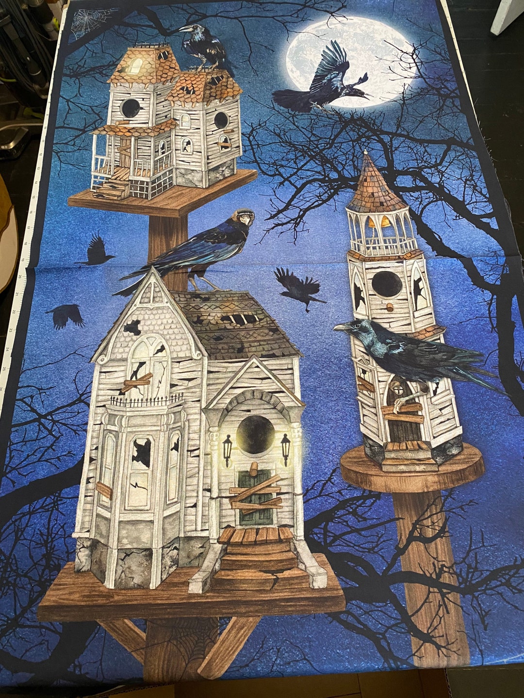 Raven Moon Spooky Halloween Fabric Panel 24" X 44" by Lynnea Washburn ...