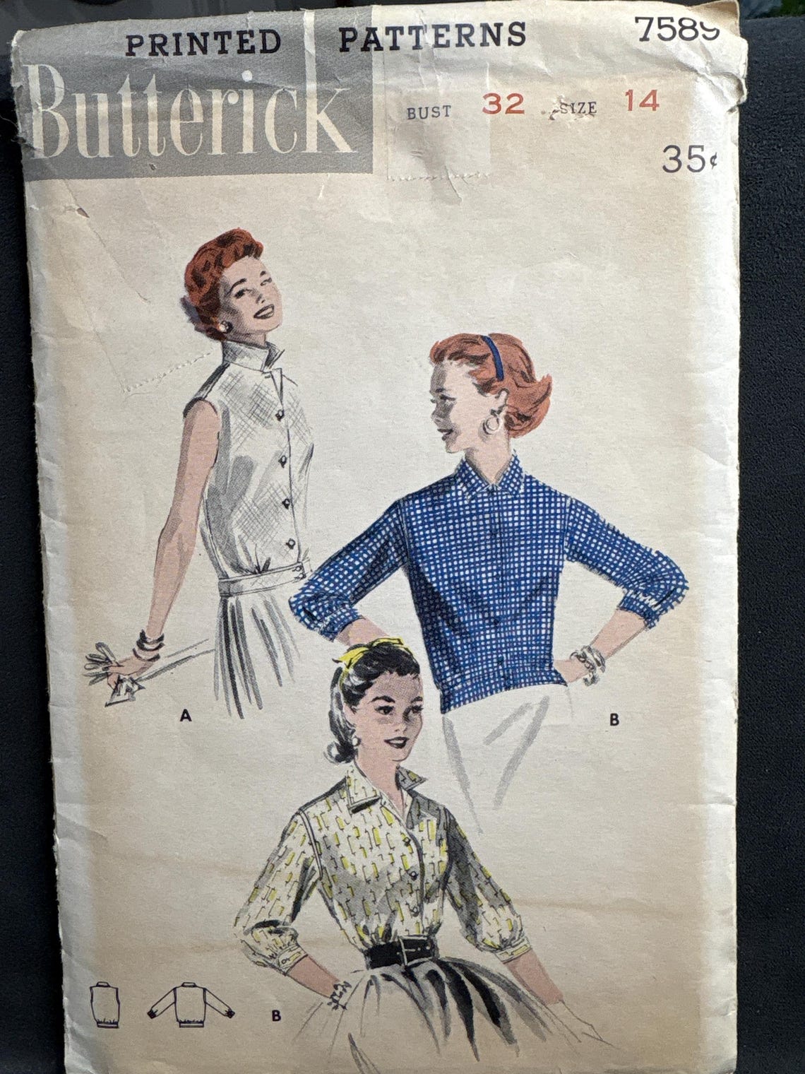 Vintage 50s Butterick Blouse Tops Sewing Pattern #7589 Size 14 - Bust ...