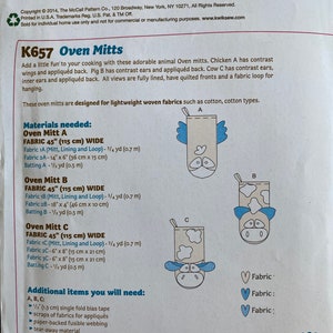 Uncut Ellie Mae Design K657 Animal Baking Mitts Potholder Sewing Pattern - Etsy