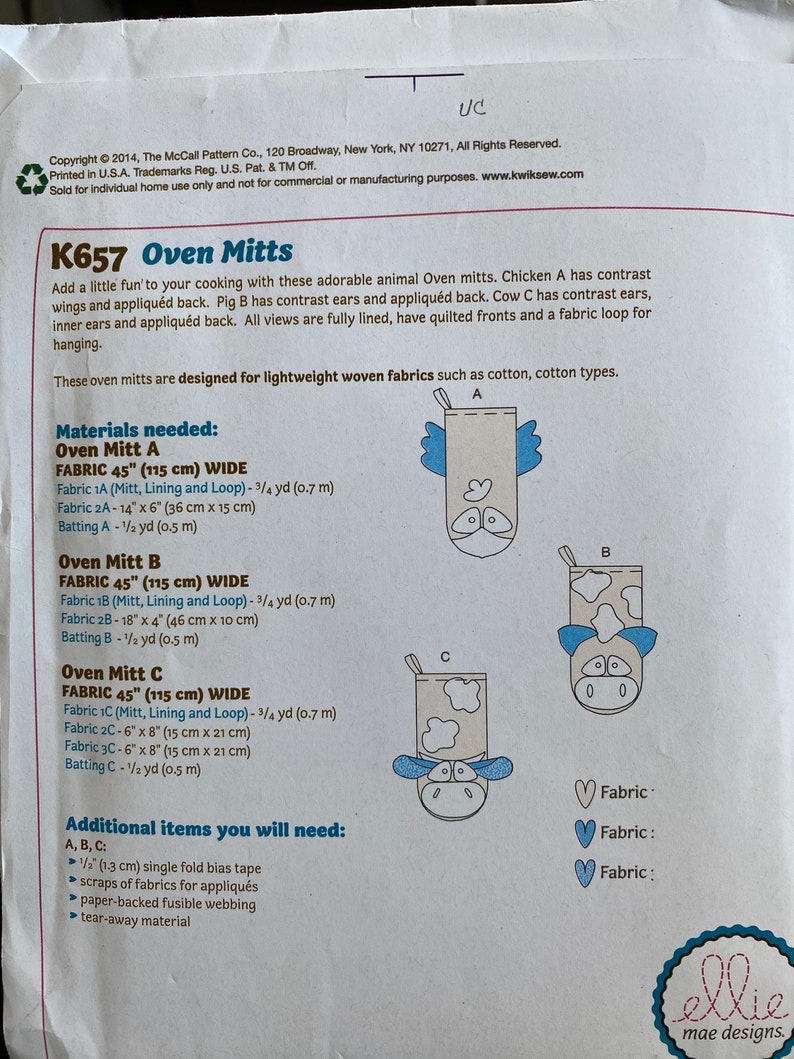 Uncut Ellie Mae Design K657 Animal Baking Mitts Potholder Sewing Pattern - Etsy