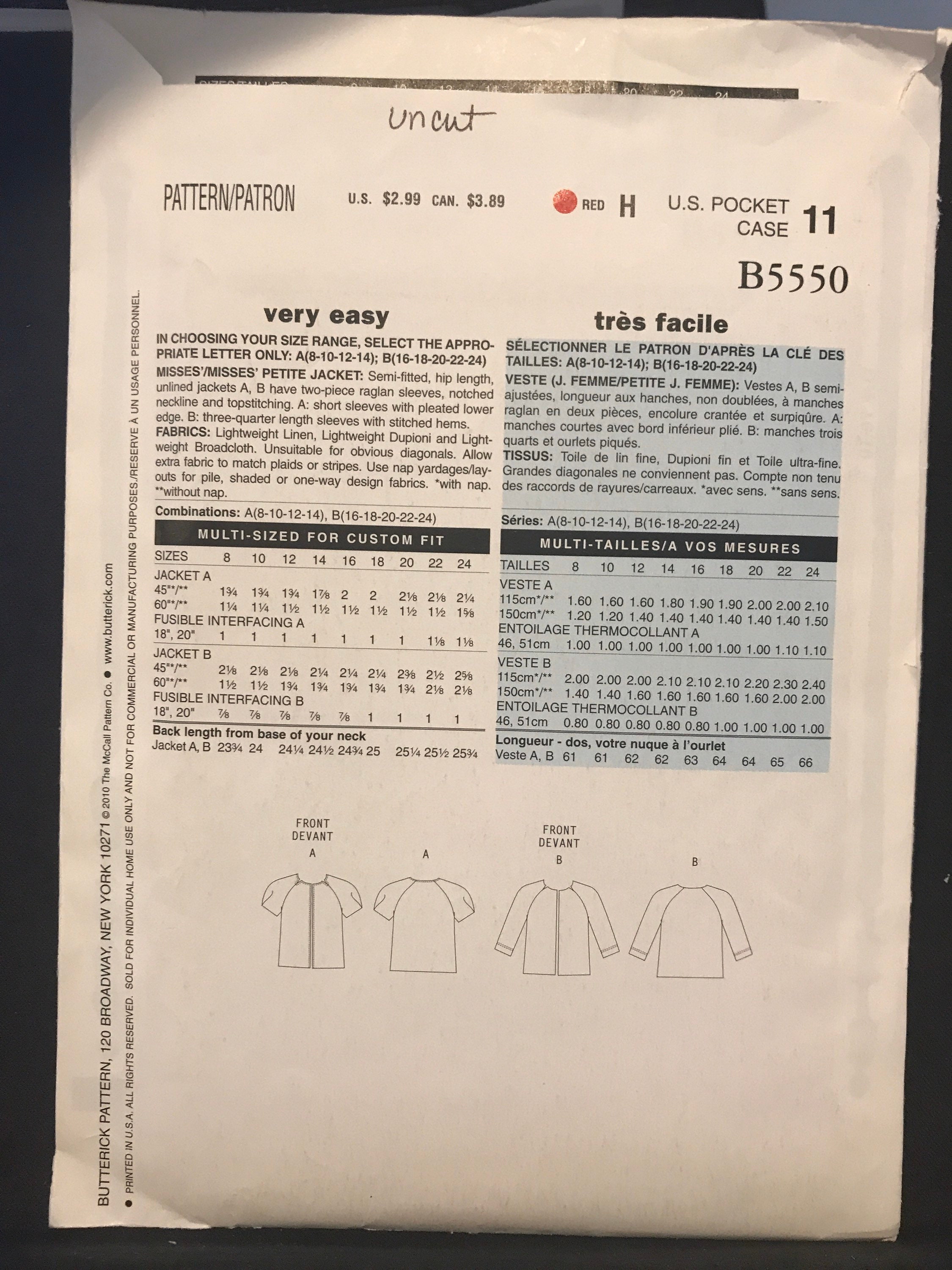 Uncut See & Sew Easy Unlined Jacket Sewing Pattern B5550 - Etsy