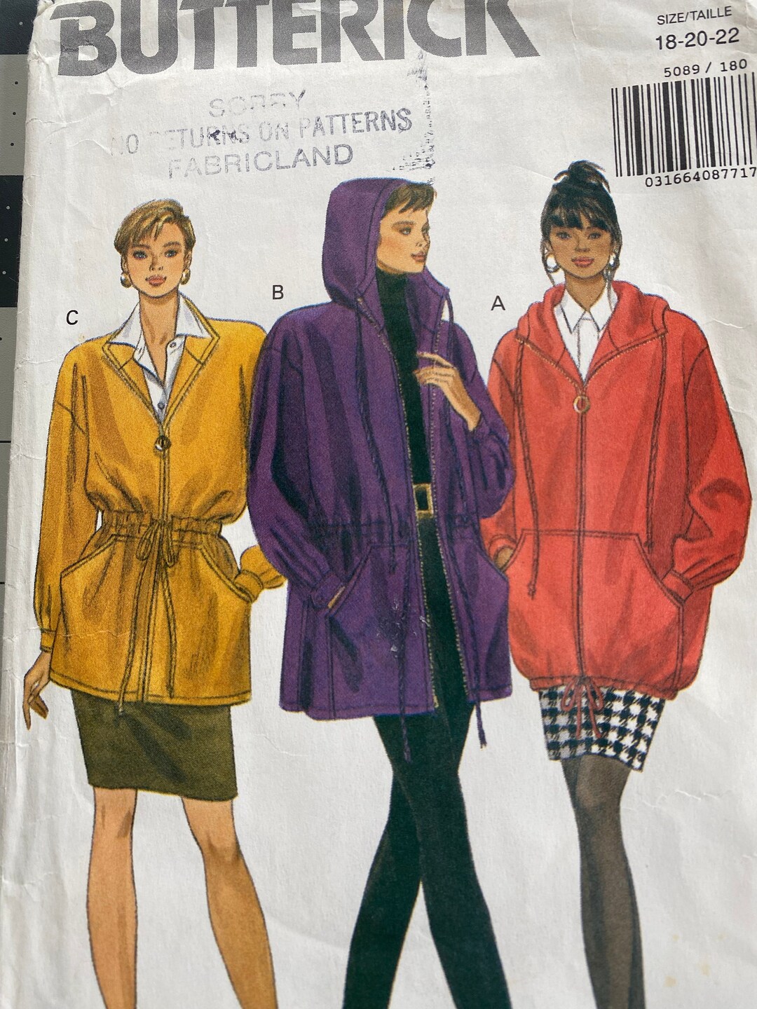 Vintage 90s Butterick Hoodie Jacket Sewing Pattern 5089 Plus Size 18 to ...