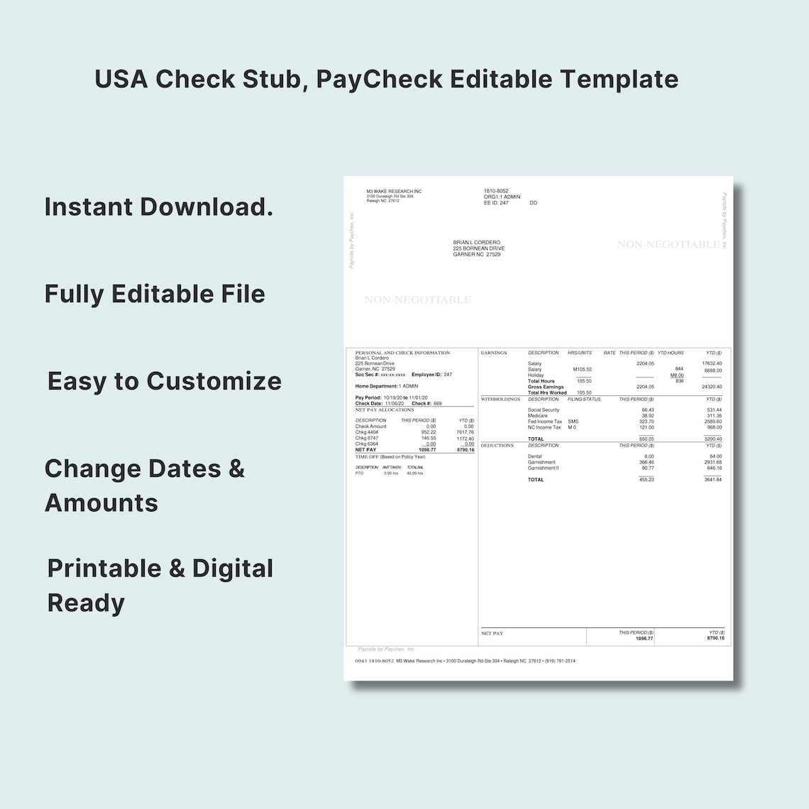 Employee Pay Stub Template Editable PDF, Simple Salary Slip Template ...