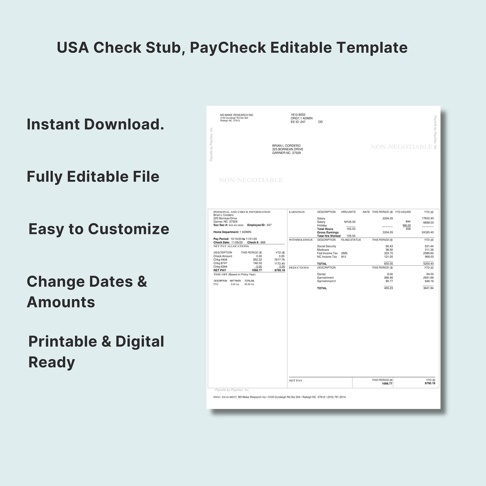 Employee Pay Stub Template Editable PDF, Simple Salary Slip Template ...