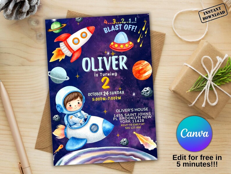 Astronaut Birthday Invitation Template, Watercolor Space Party (canva ...