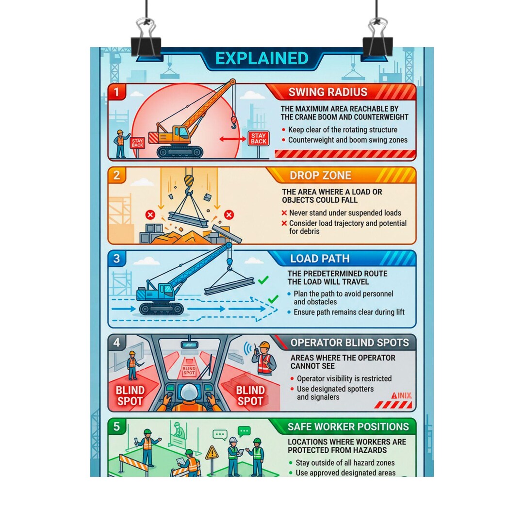 Crane Hazard Zones Explained Poster | Swing Radius, Drop Zone, Load ...