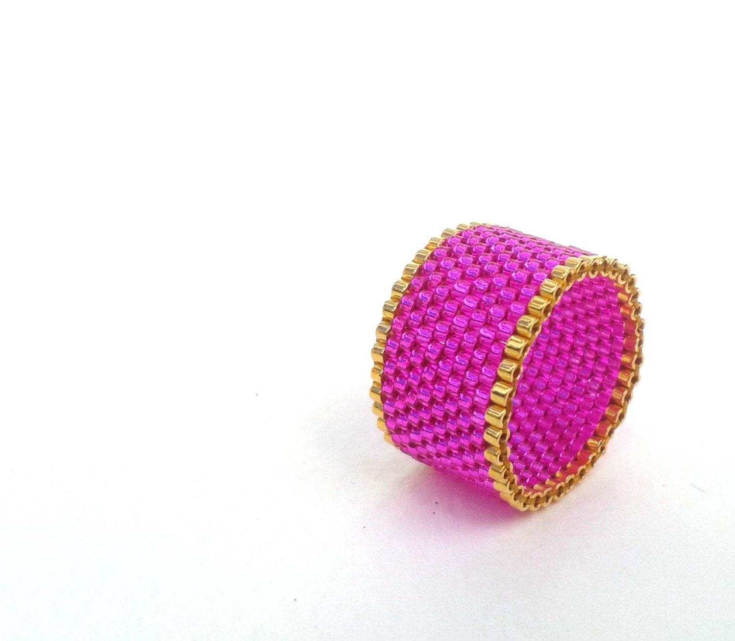 Metallic Pink Ring, Seed Beaded Ring, Gold Bead Ring, Hot Pink ...