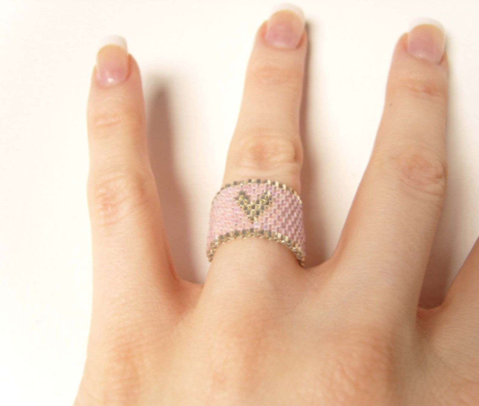 Seed Bead Ring, Pink Heart Ring, Silver Heart Ring, Beaded Ring, Heart ...