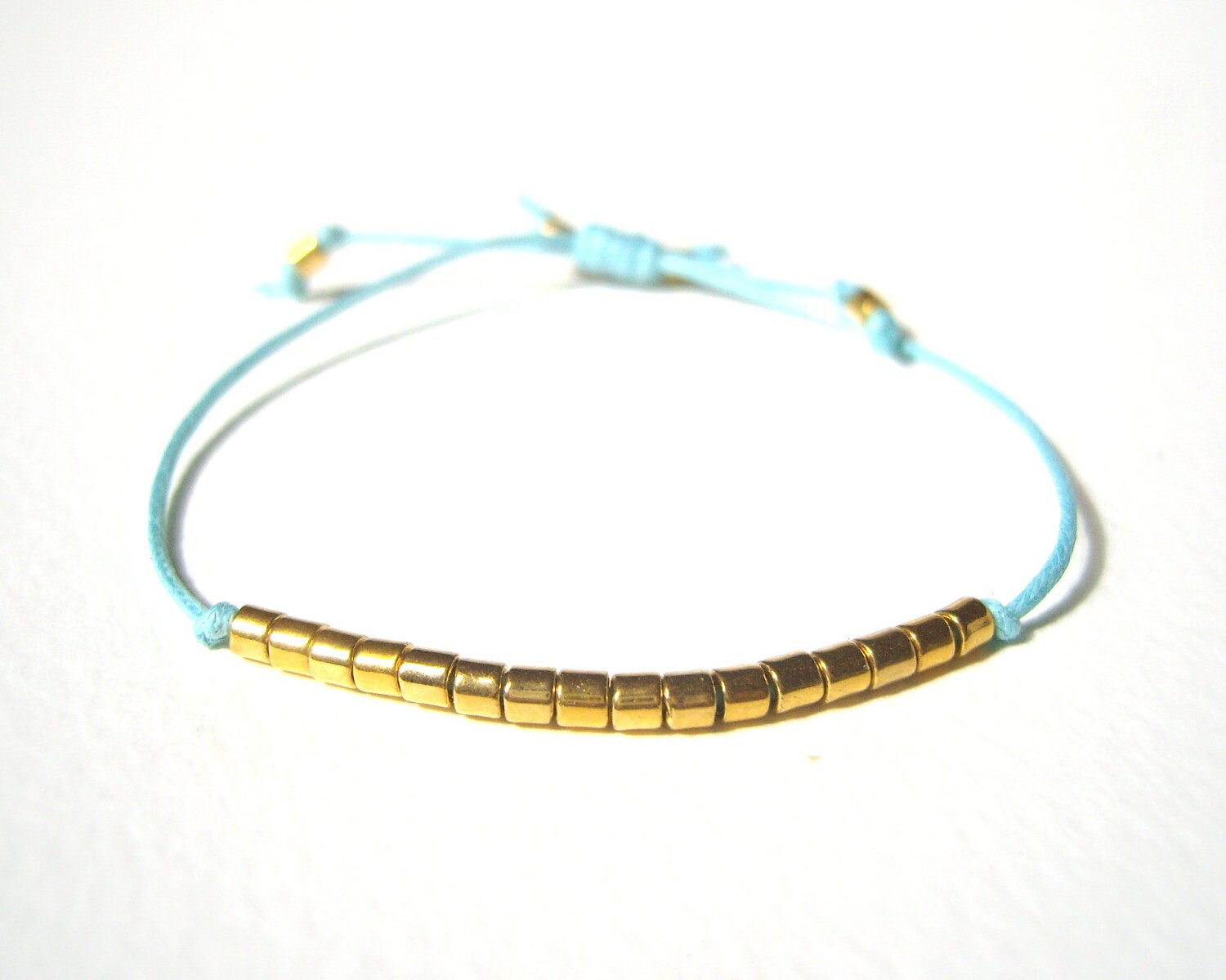 Beaded String Bracelet, Bright Blue Cord Bracelet, Gold Bead Bracelet ...